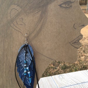 Long Earrings, Denim Earrings, Feathers Earrings, Denim Feather ...