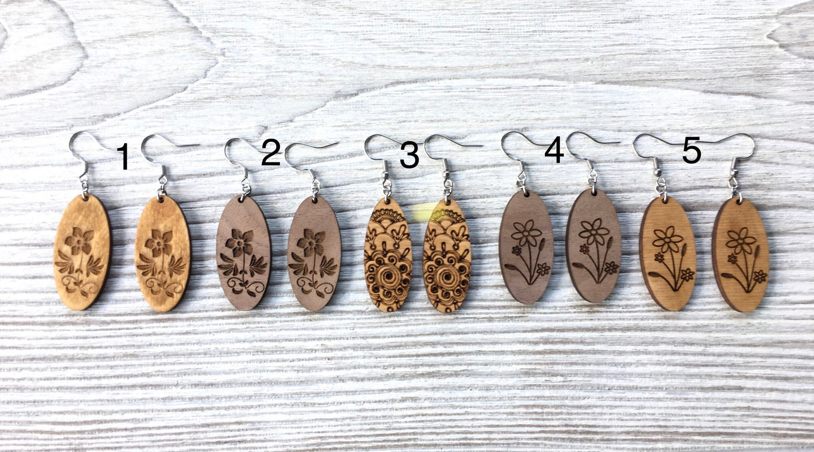 Beautiful Engraved Flower Wooden Earrings, Flower Wood Earrings ...