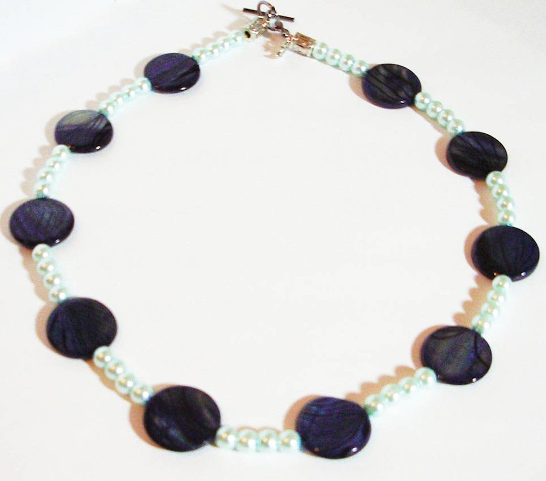 Blue Necklace - Blue & Black Shell and Blue Glass Beaded 18" Necklace ...