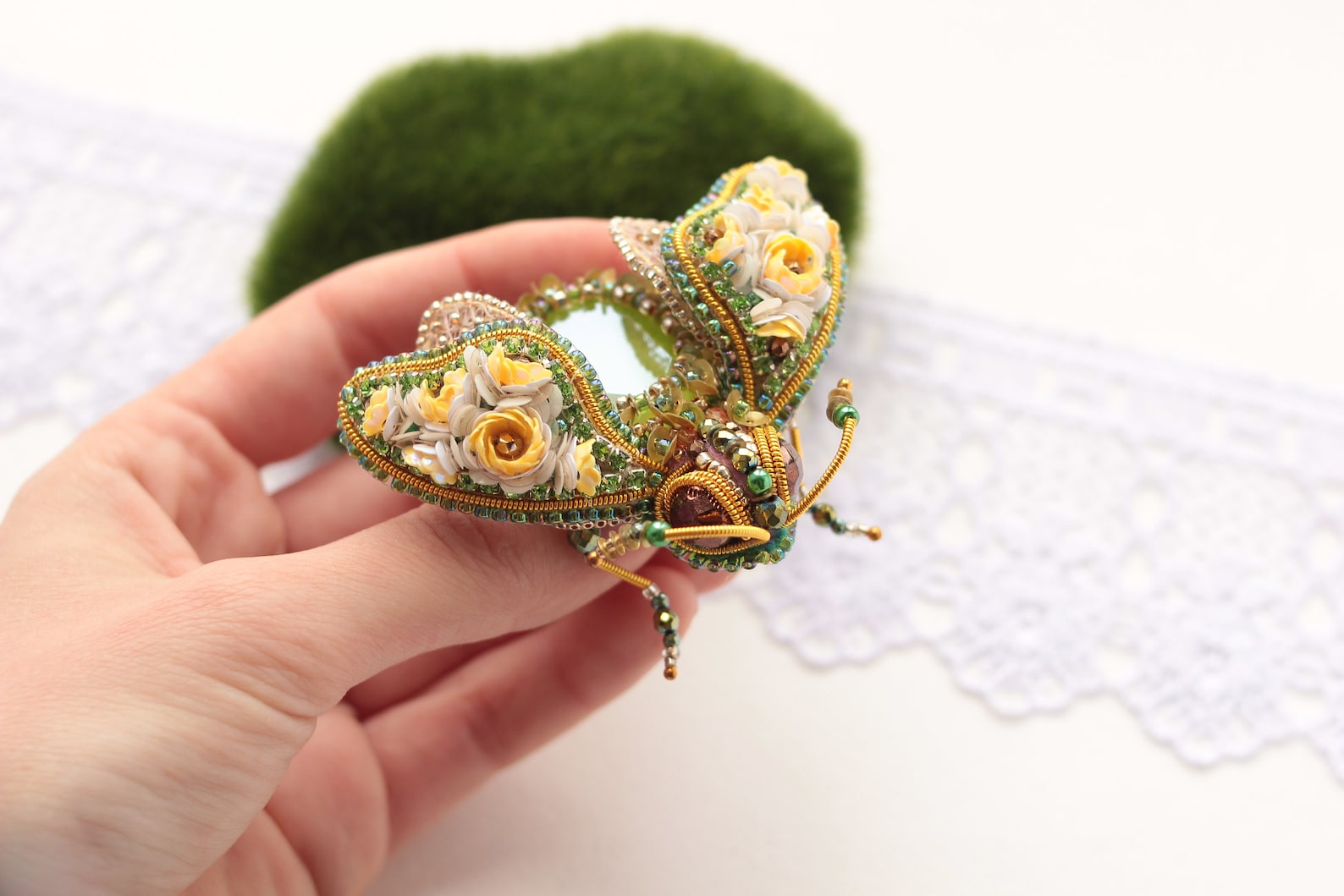 Embroidered Bug Brooch Insect Pin With Flower and Crystal | Etsy