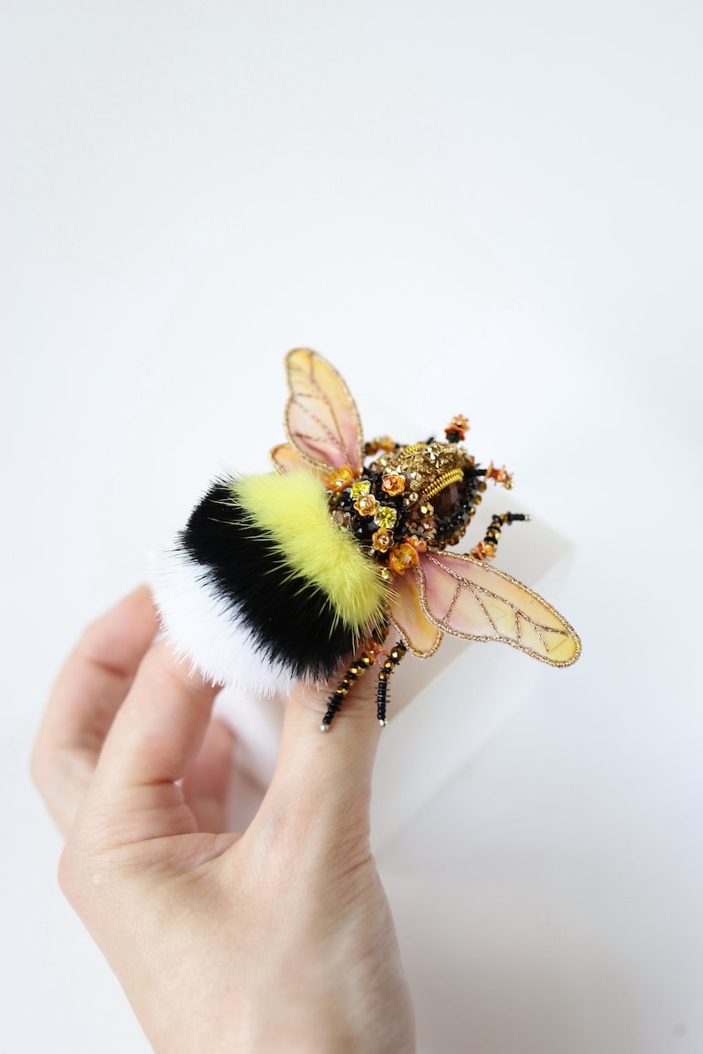 Bumblebee brooch Fur embroidered insect jewelry | Etsy