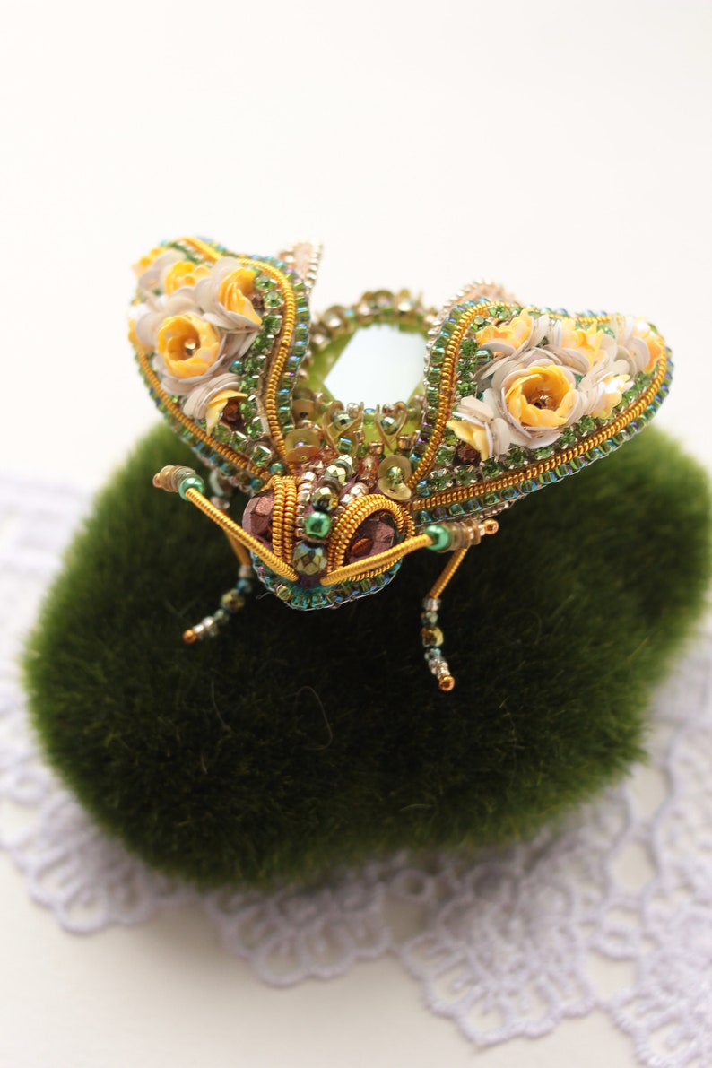 Embroidered Bug Brooch Insect Pin With Flower and Crystal | Etsy