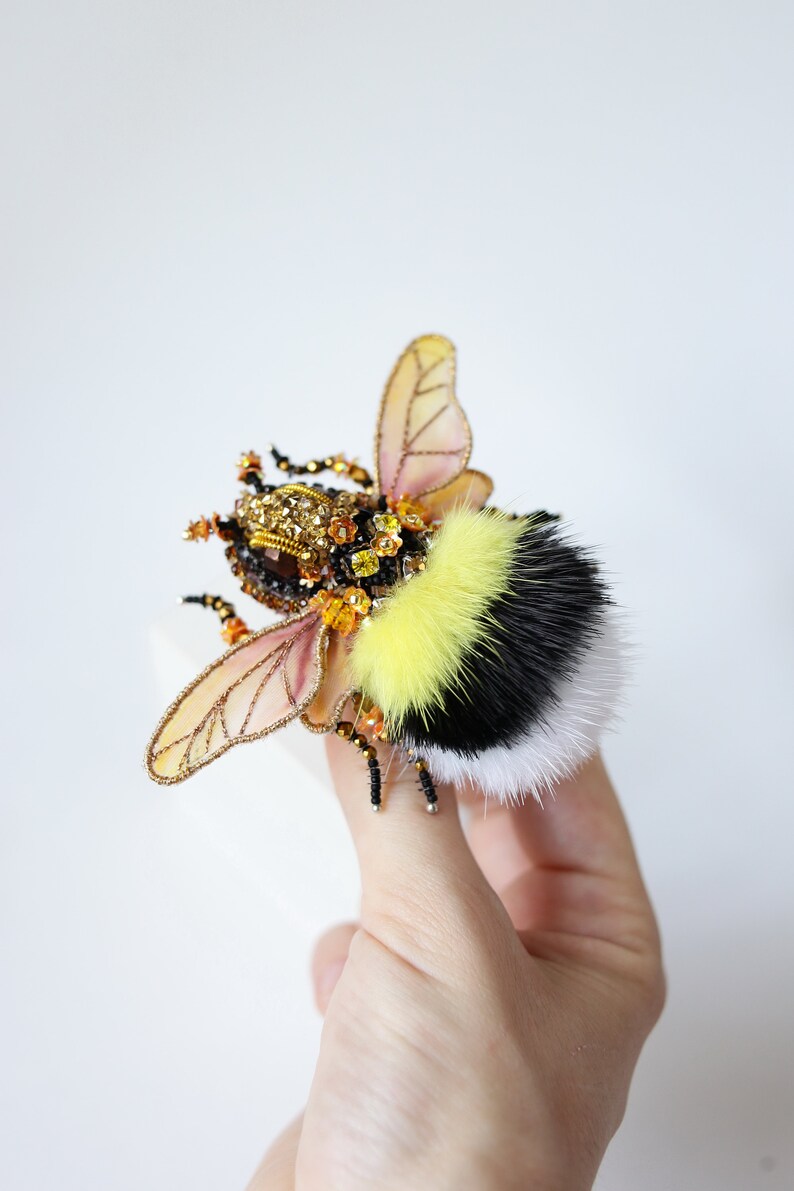Bumblebee brooch Fur embroidered insect jewelry | Etsy