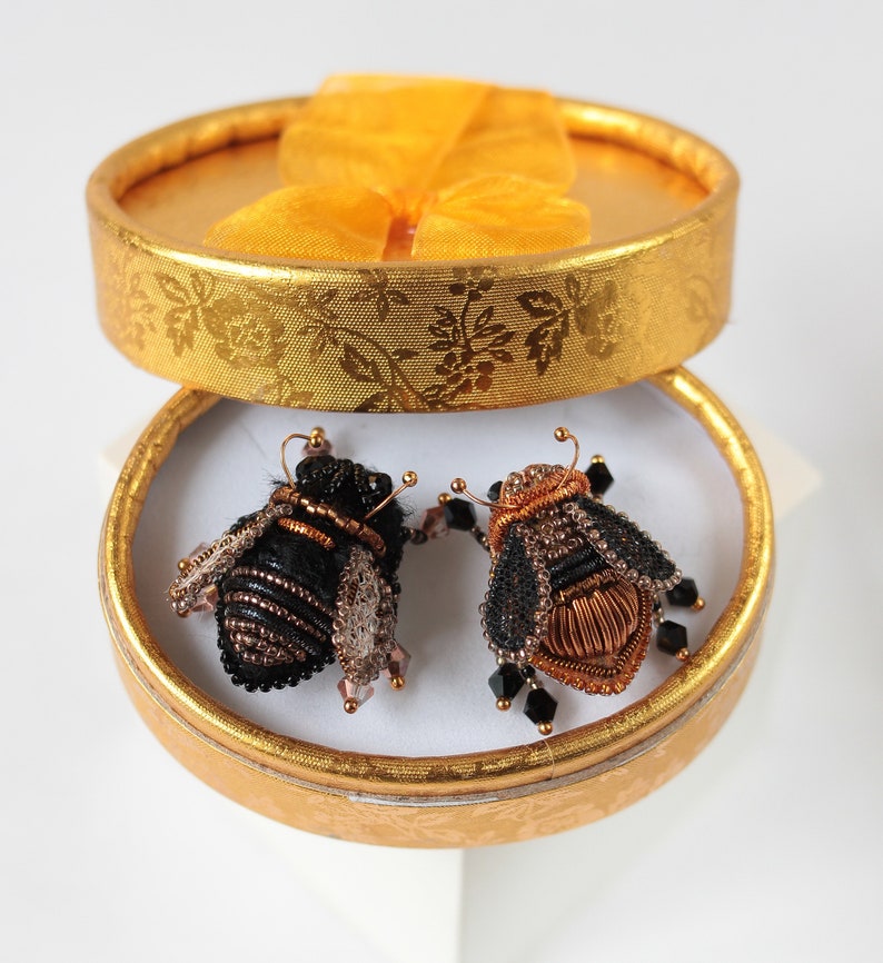 Paired Bee Brooches Insect Jewelry Gold Bee Pin Embroidered - Etsy