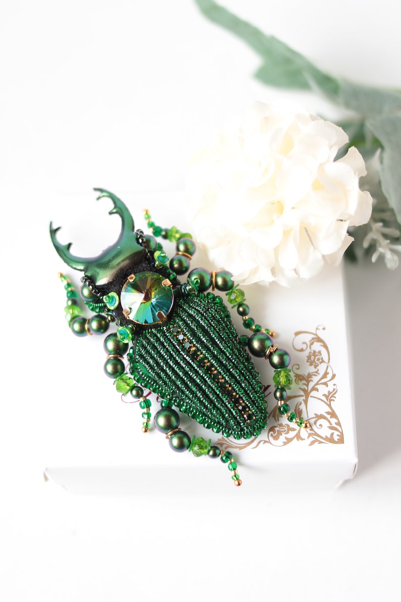 Green Beetle Deer Bug Pin Insect Jewelry Beaded Brooch Valentines Day ...