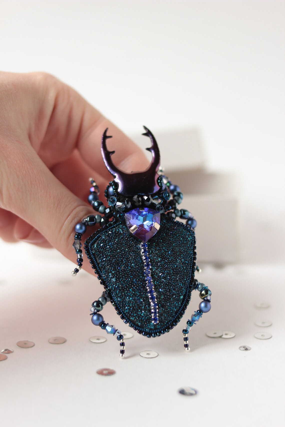 Dark blue bug brooch Insect jewelry Beaded beetle deer pin | Etsy