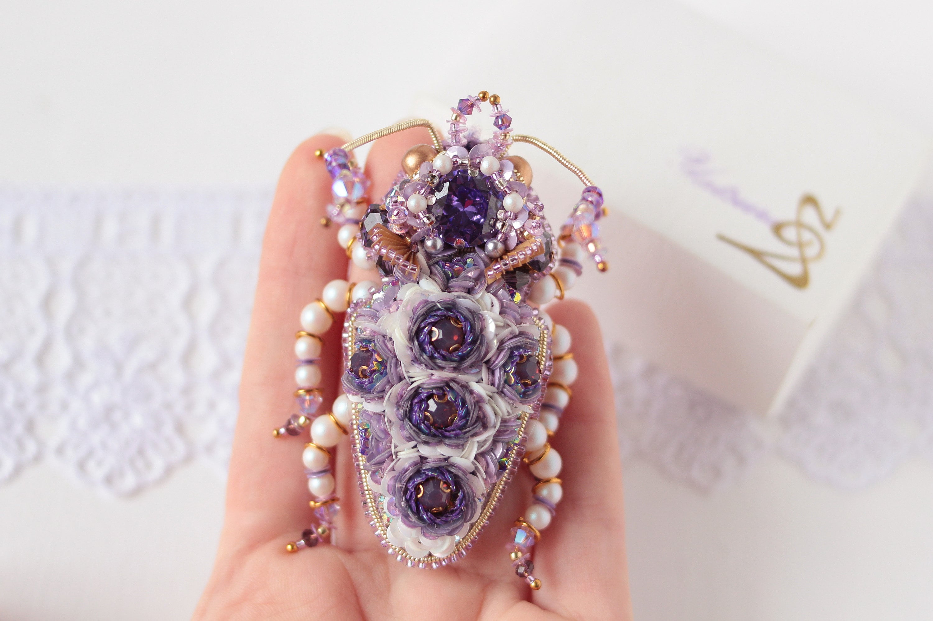 Purple Cockroach bug pin Sequins Beaded Embroidered brooch | Etsy