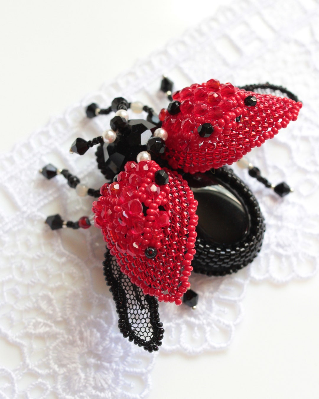 OOAK Lady Bug Brooch With Agate Beaded Embroidered Bug Jewelry Beaded ...