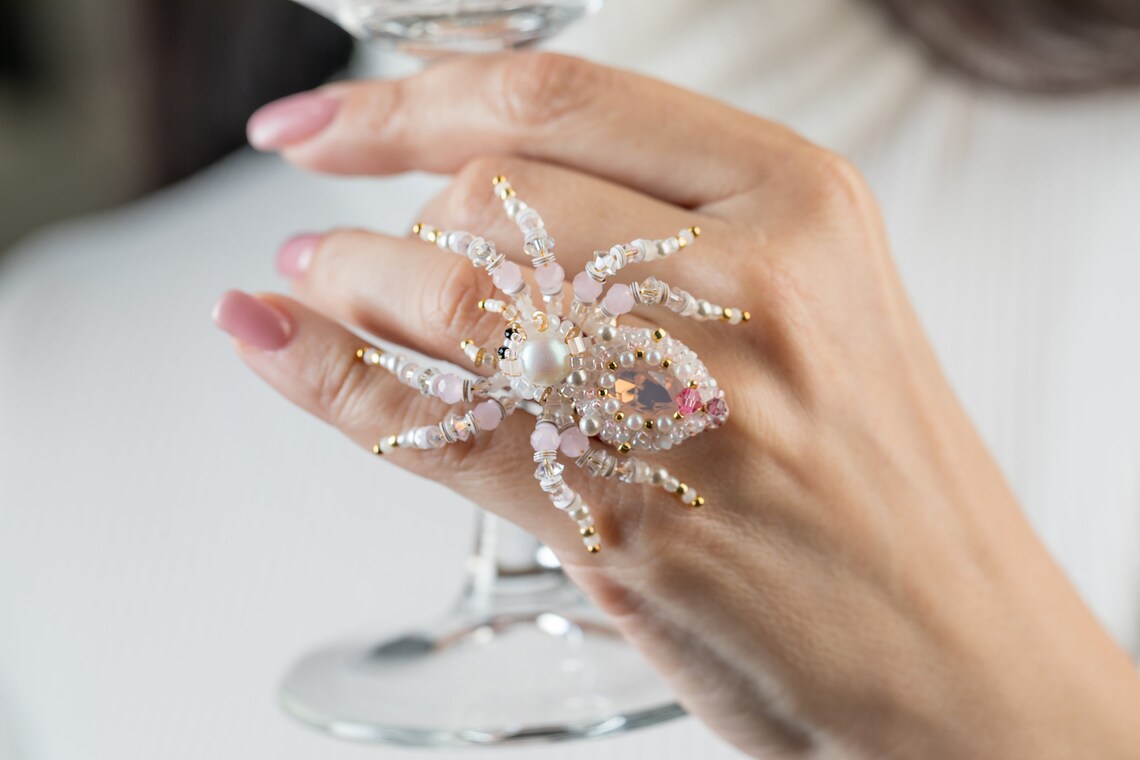Cocktail Spider ring White pink Сrystal Spider jewelry Beaded Pastel ...