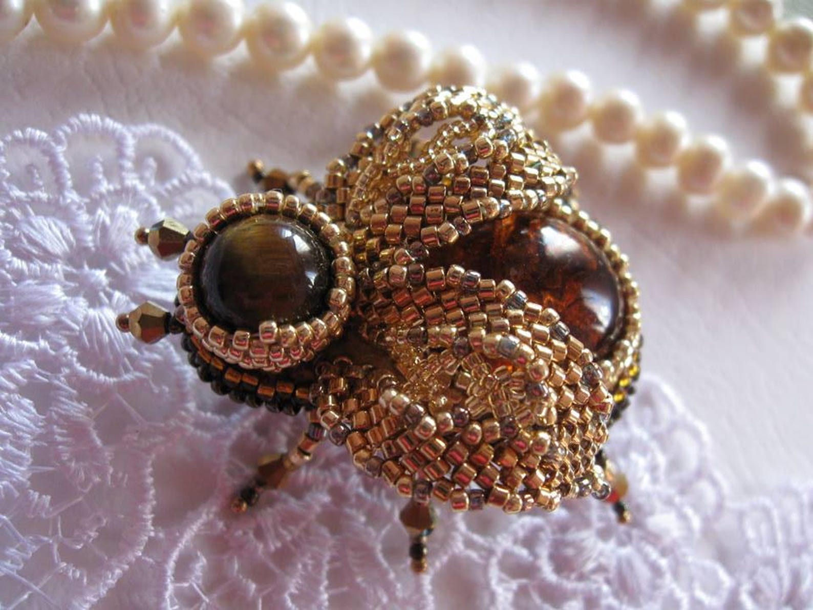 Beetle Beaded Brooch With Natural Stone Insect Jewelry Mom Gift From ...