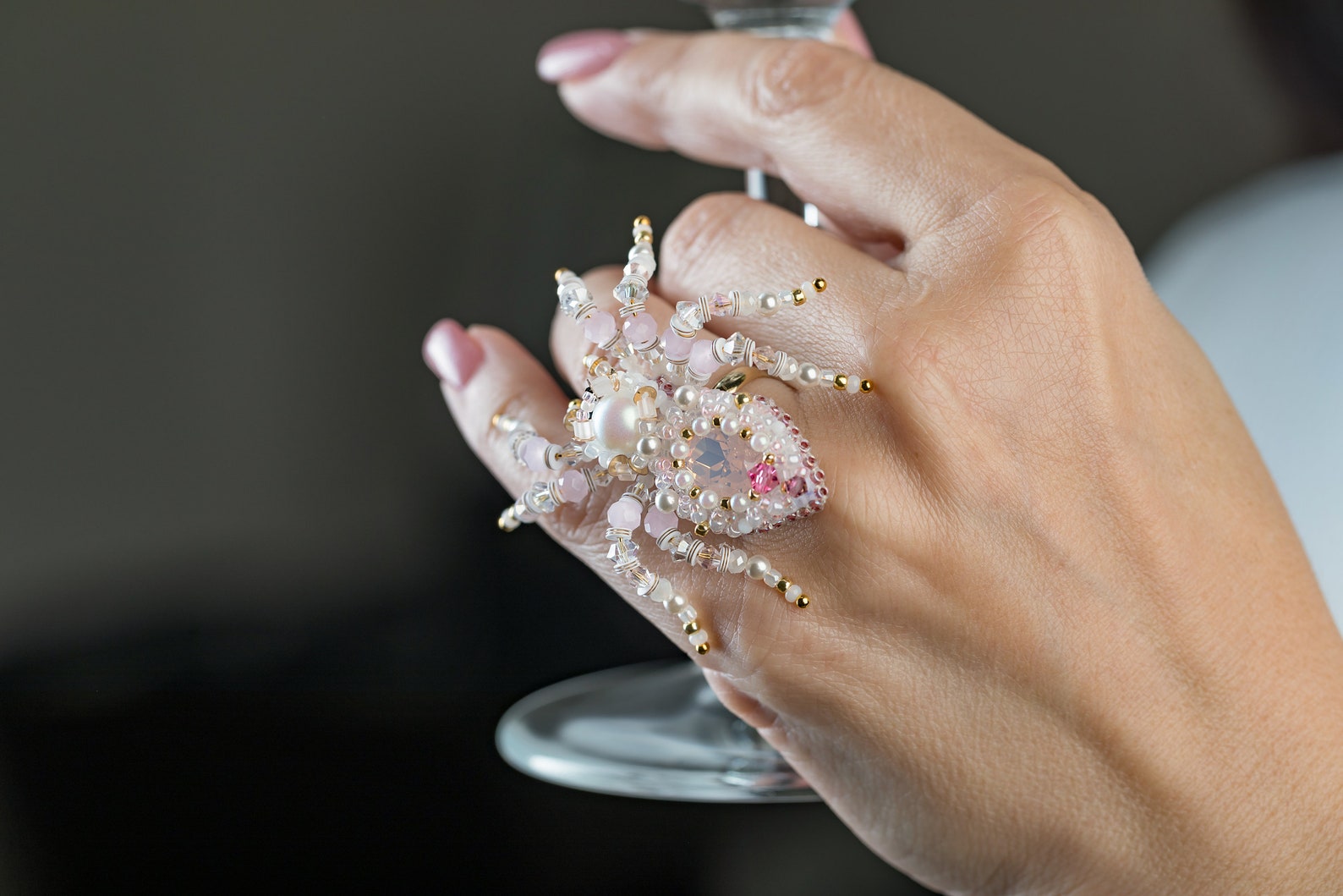 Cocktail Spider ring White pink Сrystal Spider jewelry Beaded Pastel ...