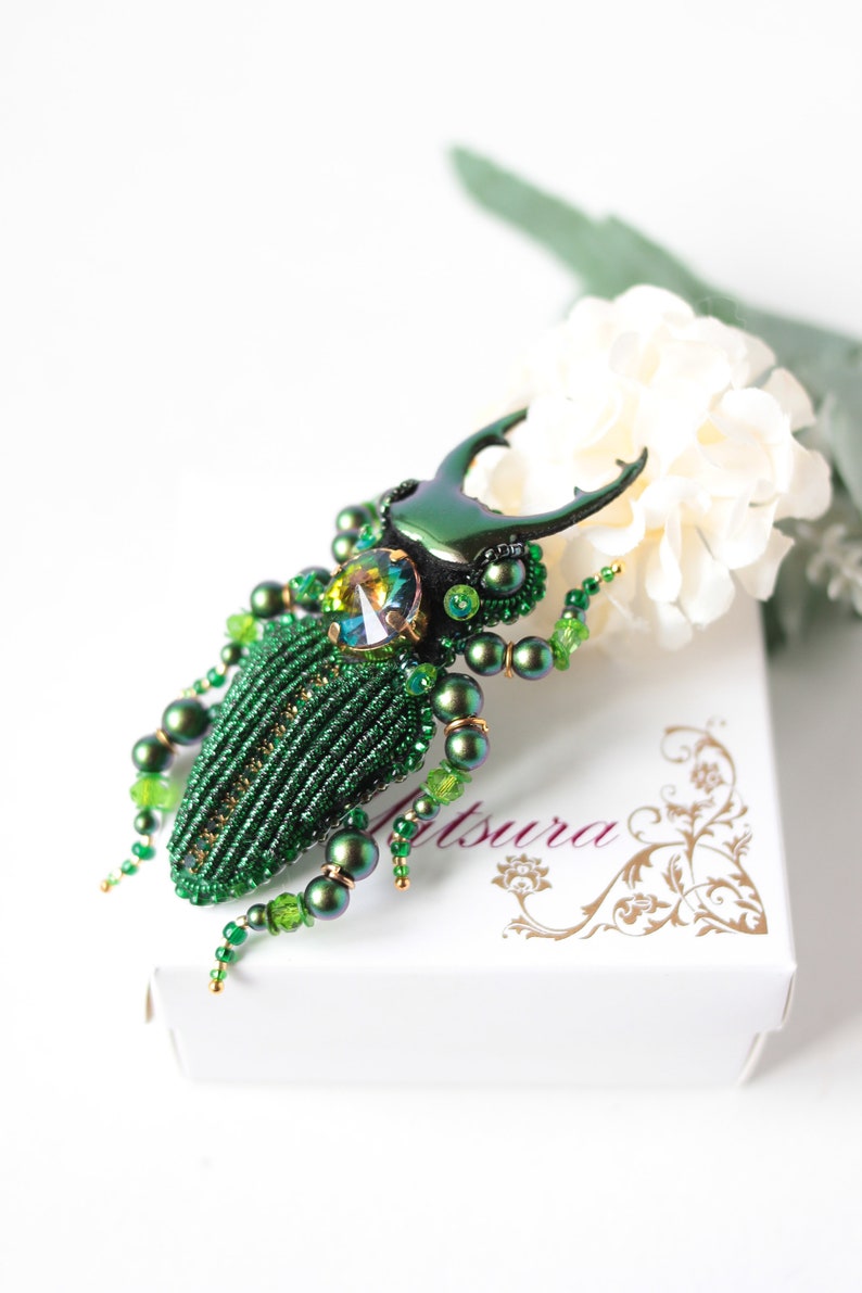 Green Beetle Deer Bug Pin Insect Jewelry Beaded Brooch Valentines Day ...