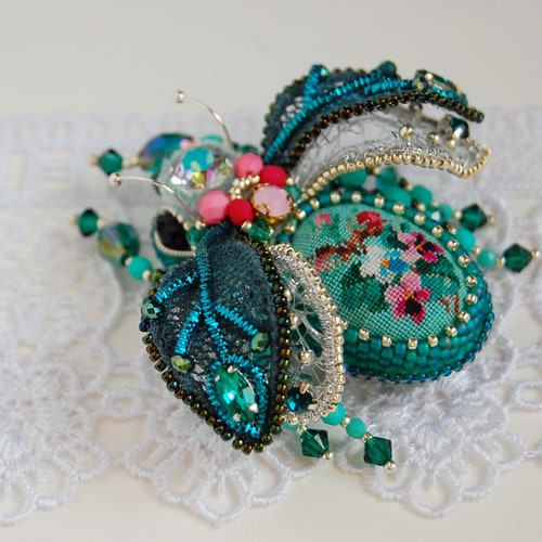 Embroidered Bug Brooch Beetle Jewelry Pink Mint Insect Pin | Etsy