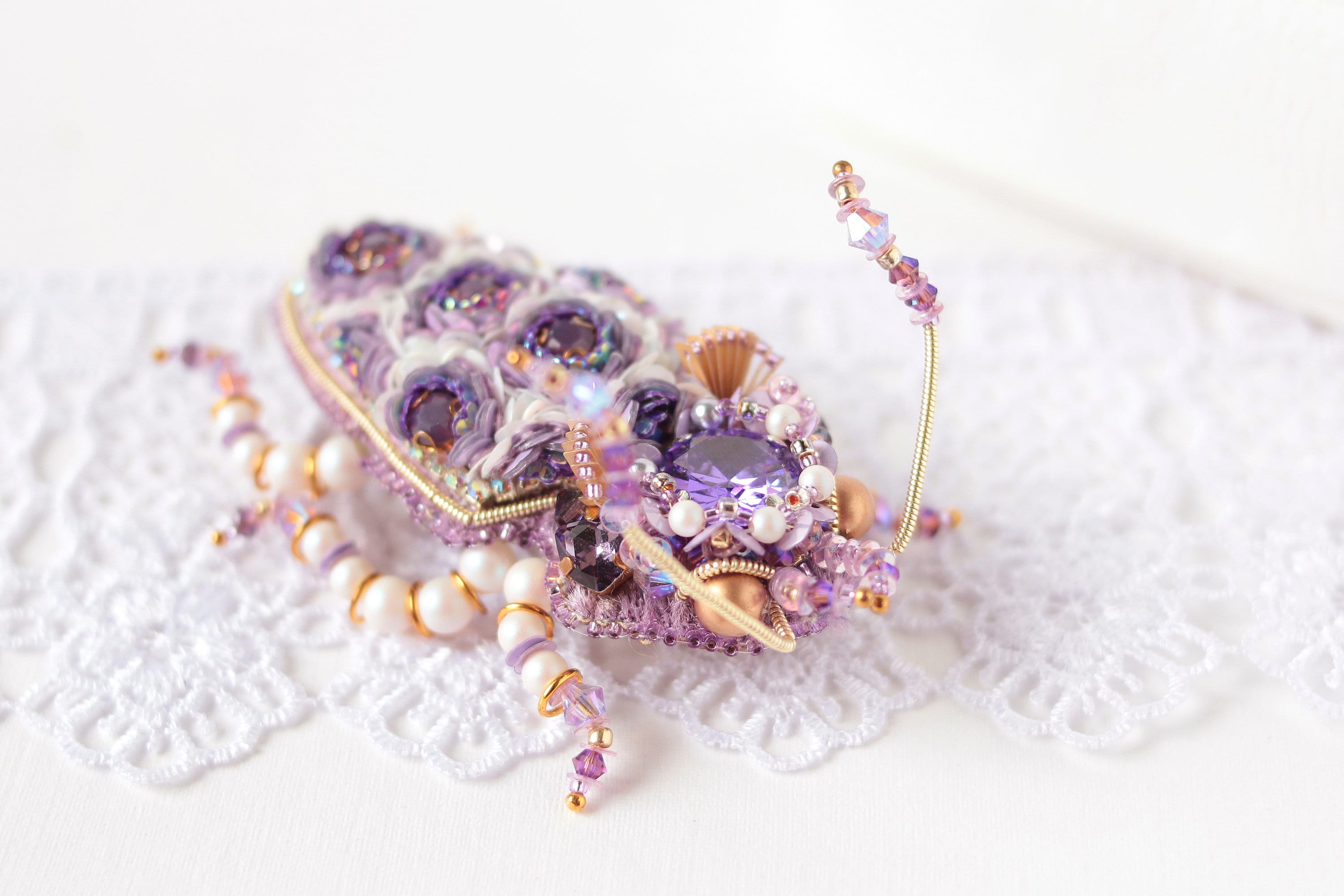 Purple Cockroach bug pin Sequins Beaded Embroidered brooch | Etsy