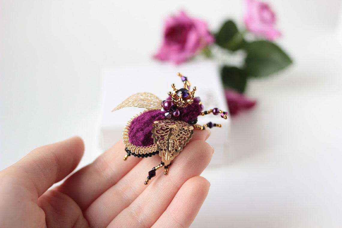 Purple Embroidered Bug Brooch With Crown Insect Jewelry Beetle - Etsy
