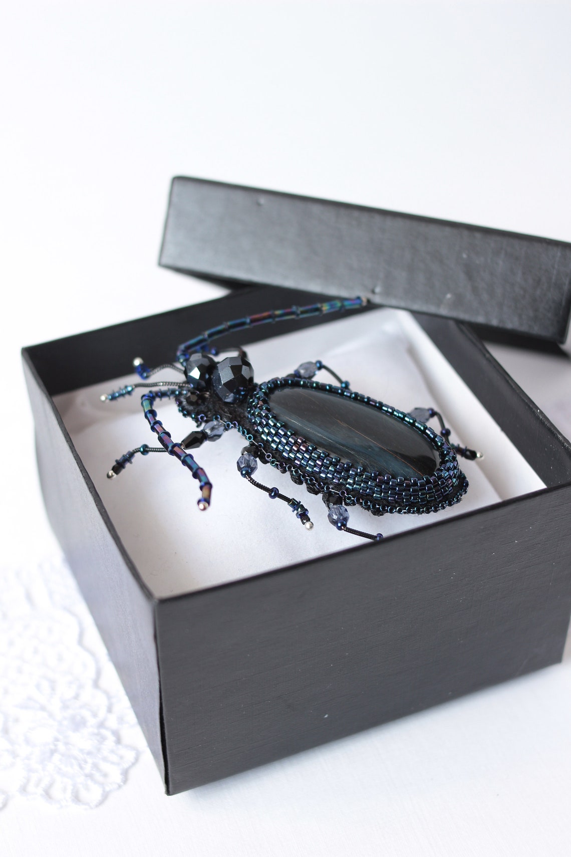 Dark blue Beetle brooch insect jewelry Natural stone | Etsy