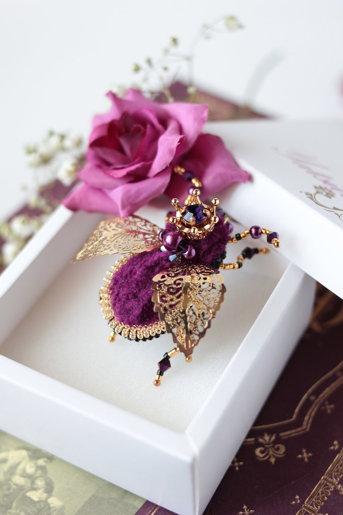 Purple Embroidered Bug Brooch With Crown Insect Jewelry Beetle - Etsy