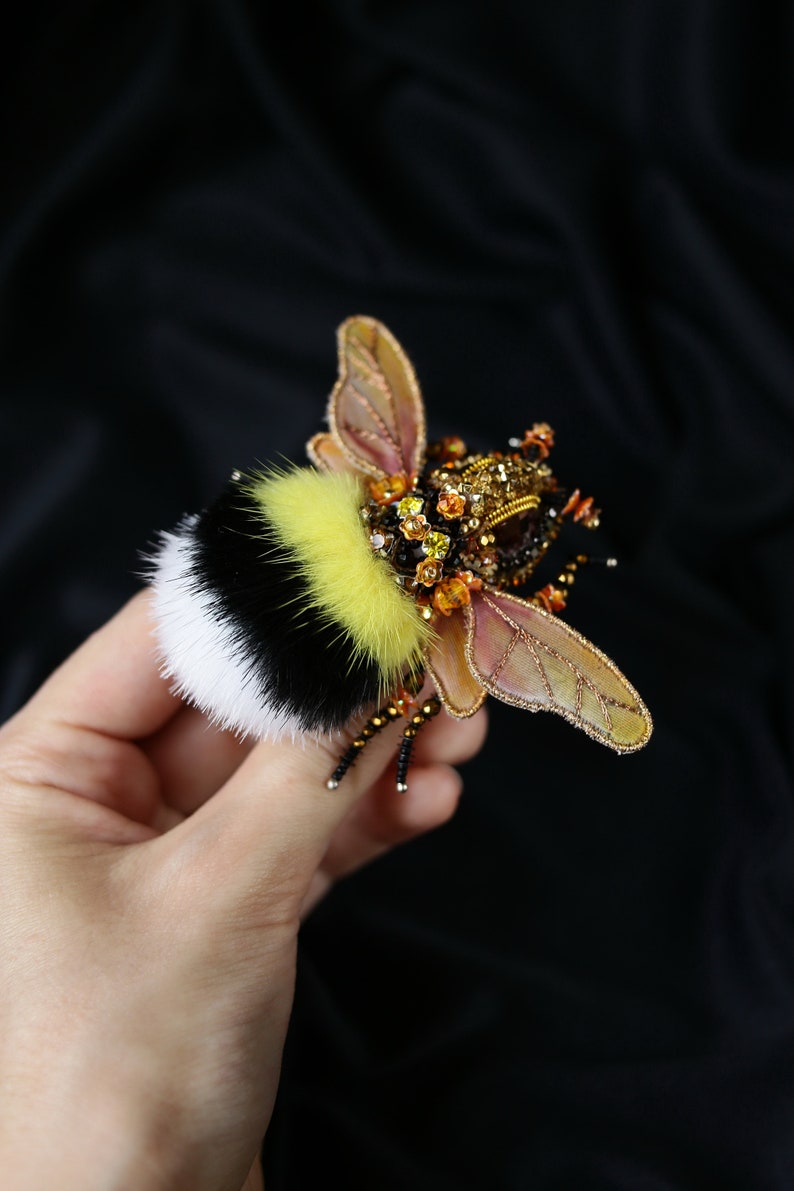 Bumblebee brooch Fur embroidered insect jewelry | Etsy