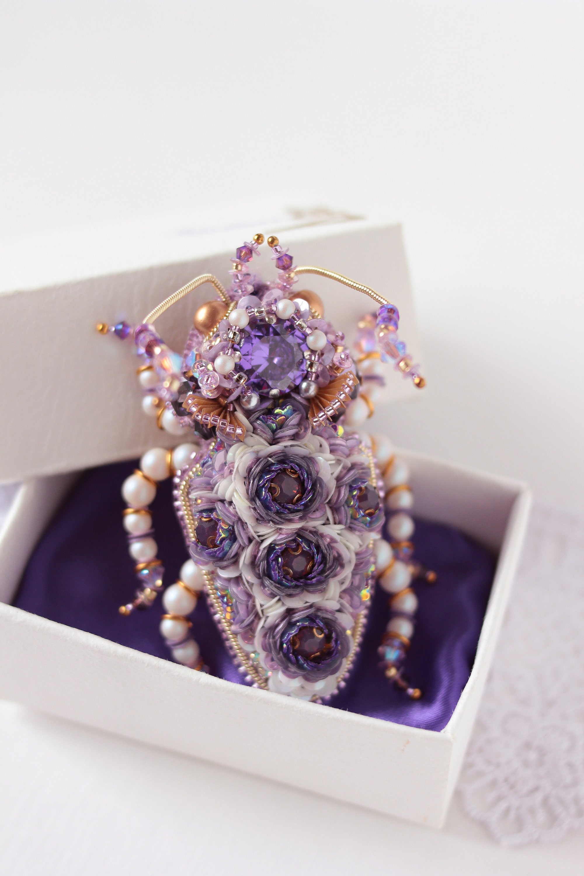 Purple Cockroach bug pin Sequins Beaded Embroidered brooch | Etsy