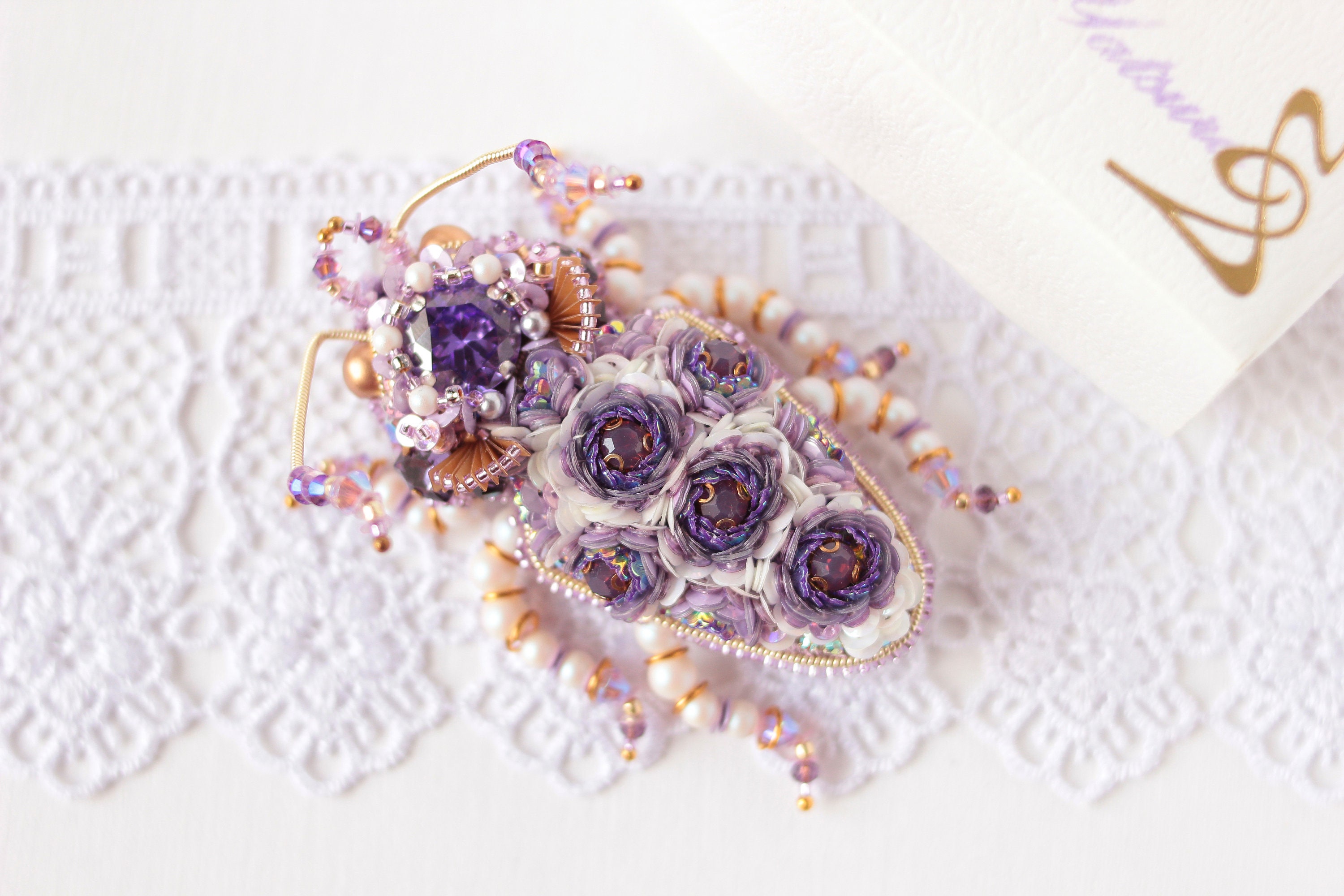 Purple Cockroach bug pin Sequins Beaded Embroidered brooch | Etsy