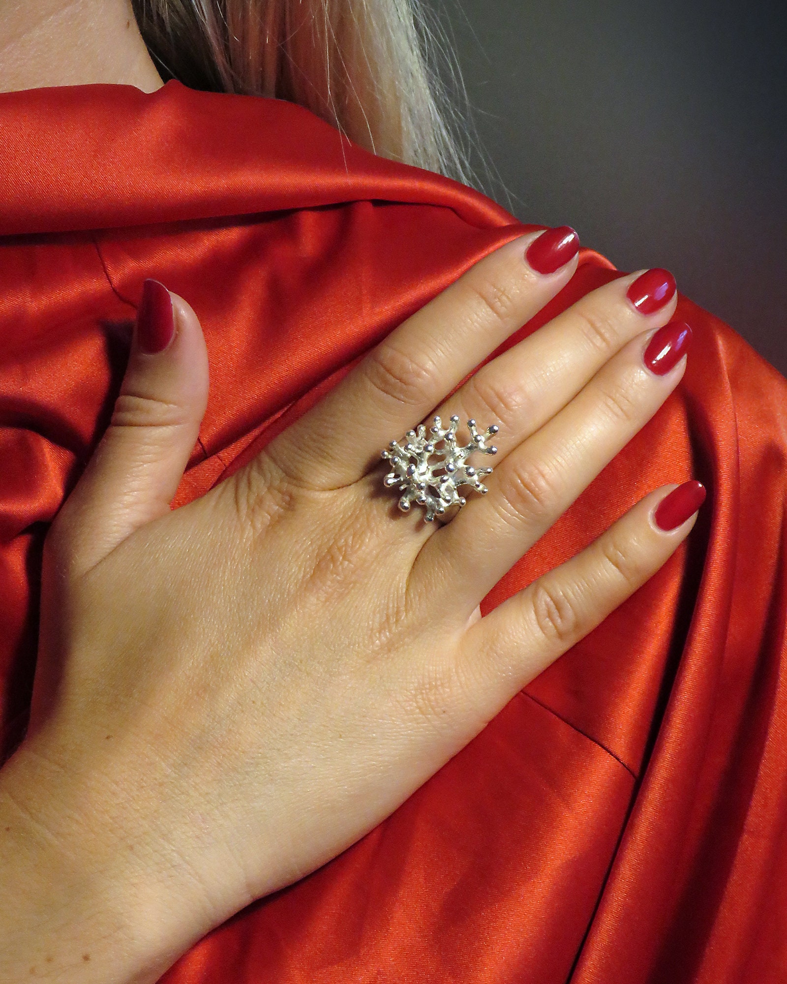 Sterling Silver Coral Ring for Women Chunky Statement Ring | Etsy