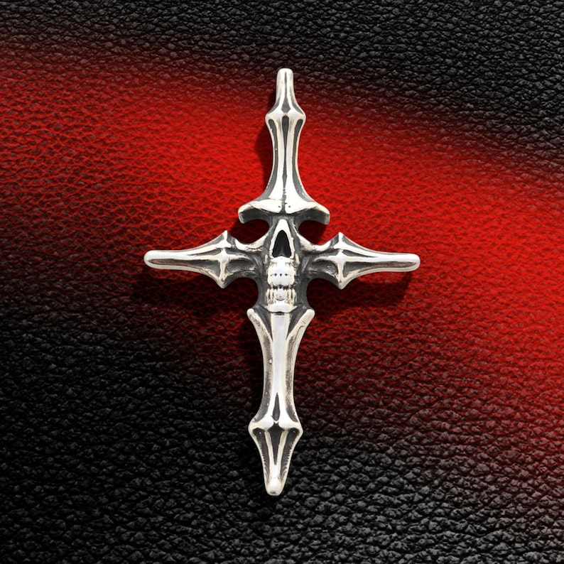 Sterling Silver Gothic Skull Cross Pendant | Dark Punk Biker Statement ...