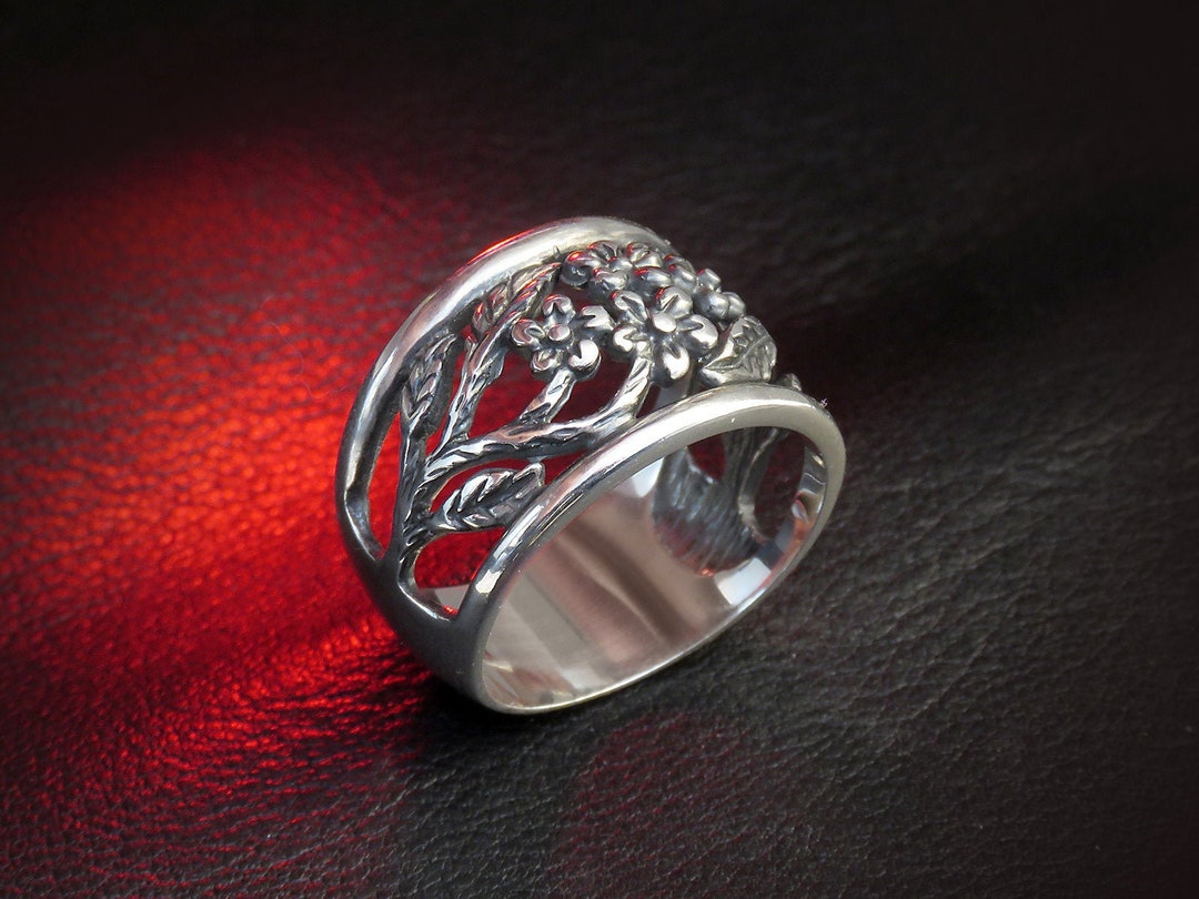 Wide Sterling Silver Flower Band Ring: Gothic Floral Jewelry - Etsy