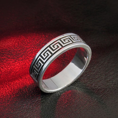 Greek Key Pattern Mens Ring Silver Polished Band Ring Mens - Etsy