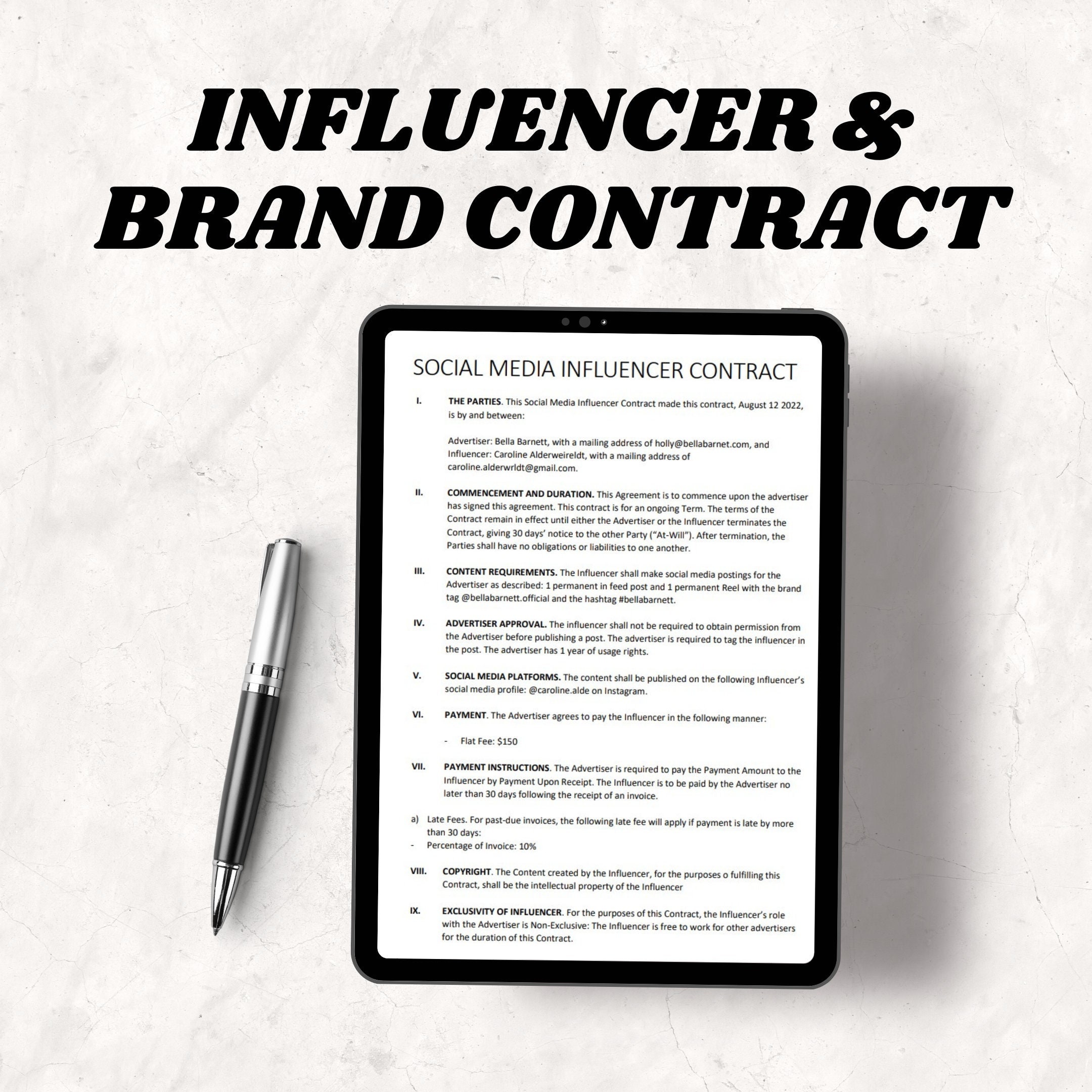 Contrato de influencer de redes sociales Plantilla de influenciador de ...