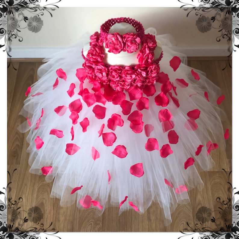 Beautiful Hot Pink White Flower Girl Tutu Dress Embellished | Etsy