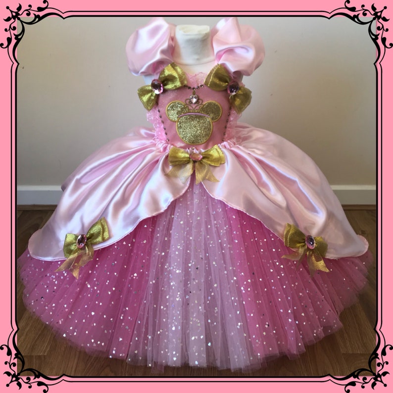 Minnie Mouse Pink Princess Tutu Dress Satin Ball Gown Gold Birthday ...