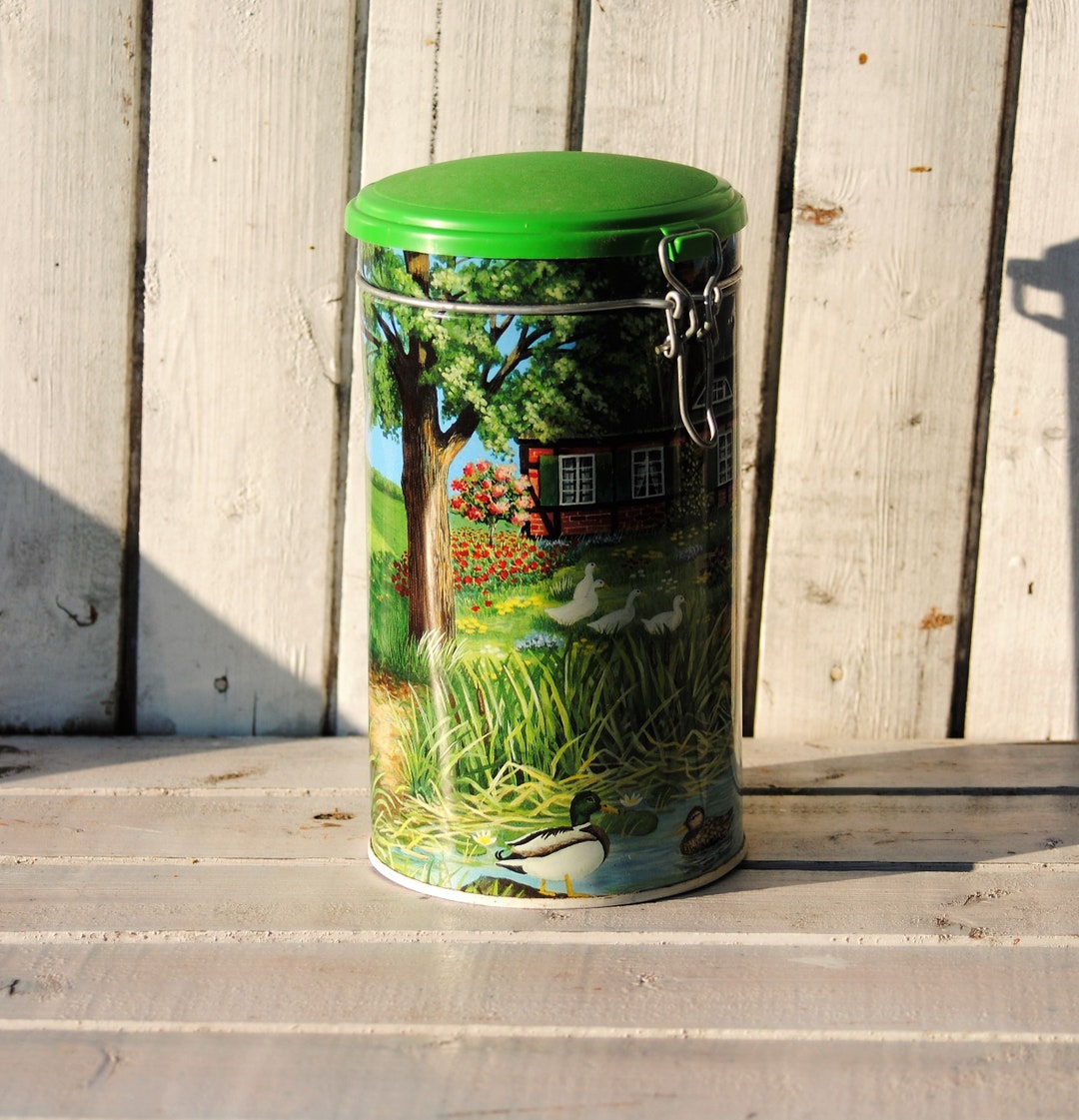 Vintage Green Nature Theme Tin Box, Vintage Candy Box, Green Kitchen ...