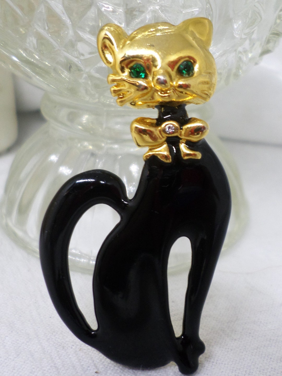Vintage Black Cat Brooch Pin Green Rhinestone Eyes Etsy