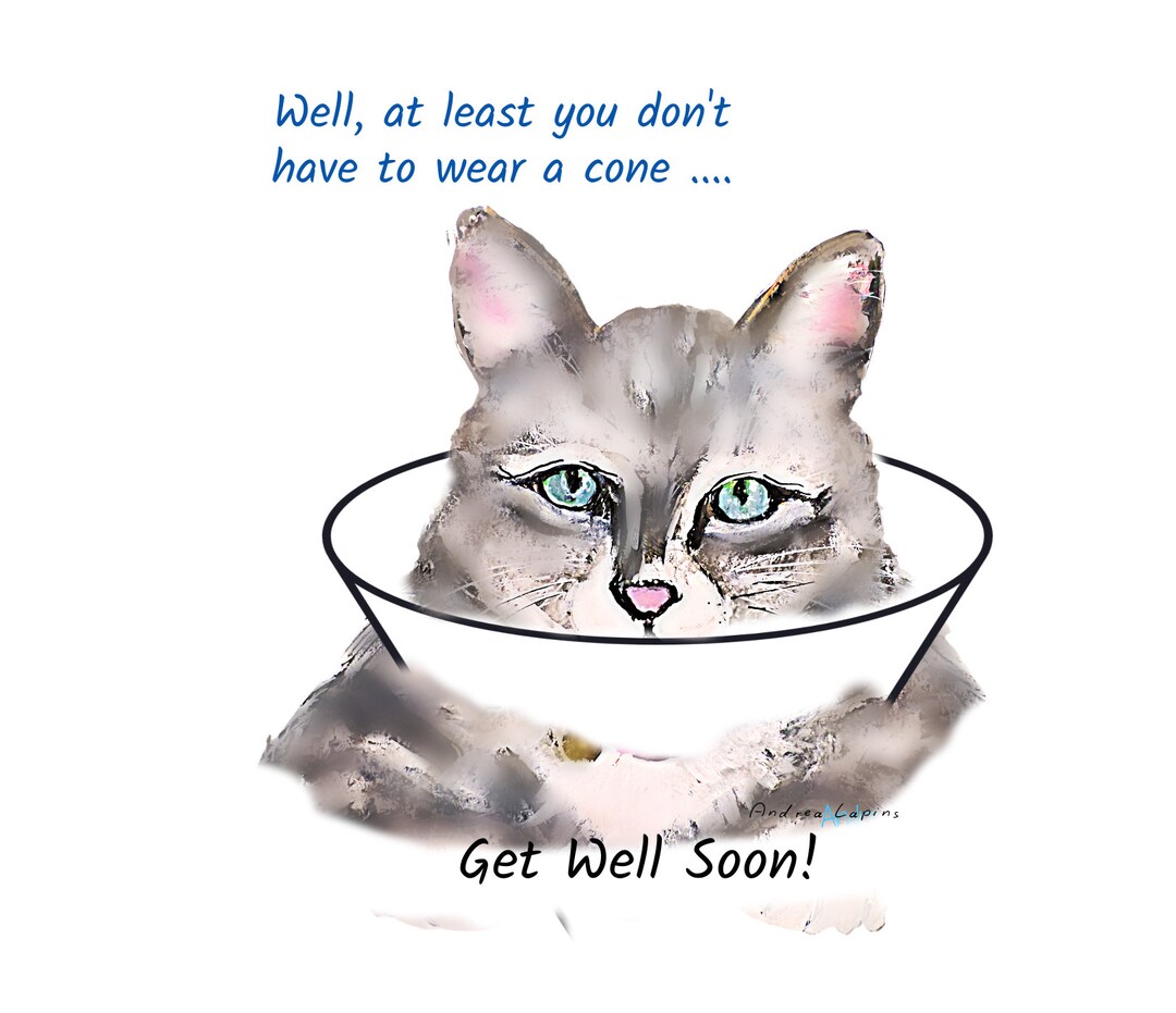 Get Well Card, Cat in A Cone Original Art Funny Get Well Card, Feel ...