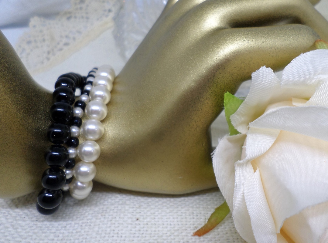Retro Pearl Bracelet, RMN Vintage Faux Peal Bracelet 3 Strand Black and ...