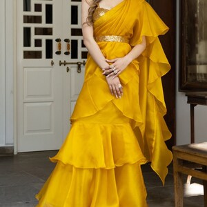 Yellow Ruffle Saree With Belt Organza Sarees for Women Wedding Wear ...
