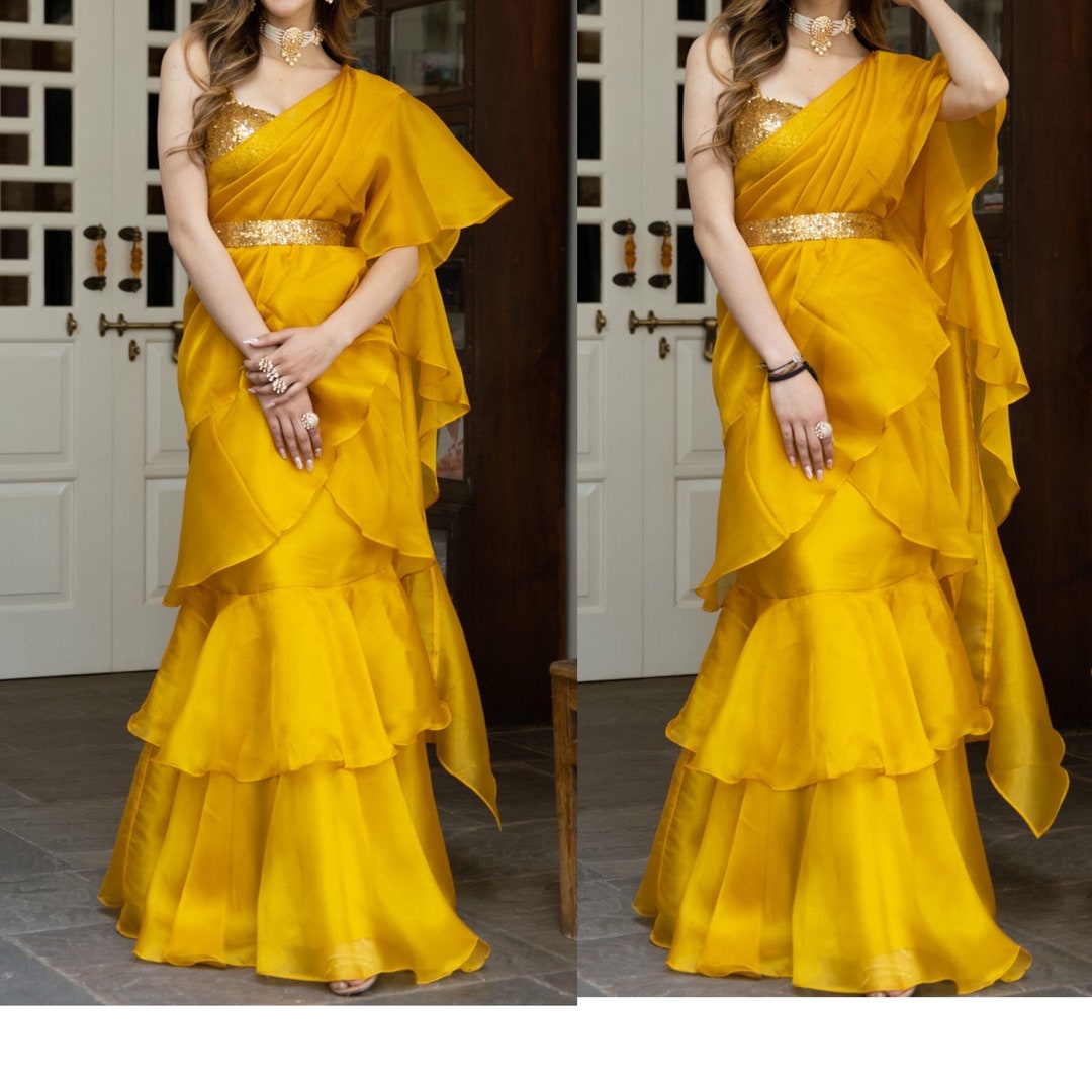 Yellow Ruffle Saree With Belt Organza Sarees for Women Wedding Wear ...