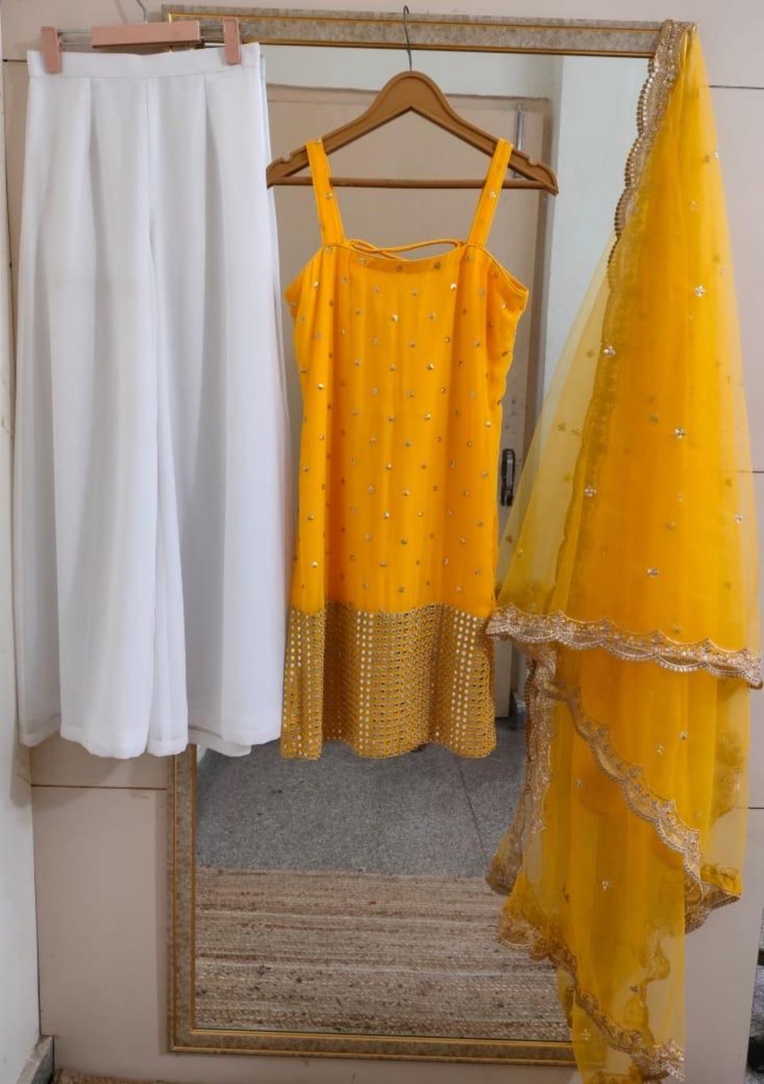 Yellow Punjabi Top Salwar Kameez Readymade Stitched Sharara Dress Suits ...