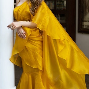 Yellow Ruffle Saree With Belt Organza Sarees for Women Wedding Wear ...