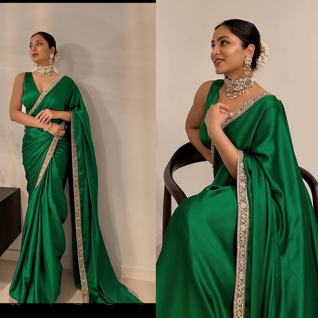 Sarees USA Women Satin Saree With Stitched Blouse Indian Wedding Wear ...