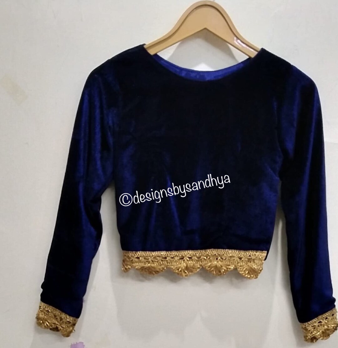 Blue Velvet Blouse for Saree Readymade Full Sleeve Croptop - Etsy