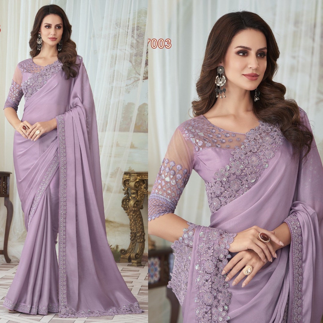 Purple Saree With Stitched Blouse Sequins Border Sarees for Weddings - Etsy