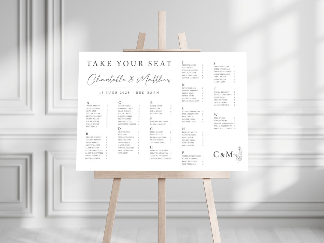 A-Z Wedding Table Seating Plan, Simple Wedding Breakfast Seating Chart ...