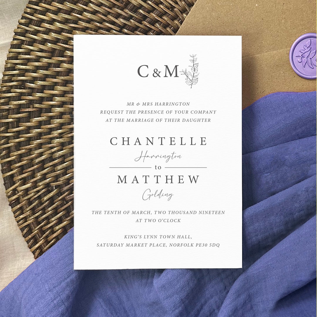 Eucalyptus Evening Wedding Invitation, Single Card Invitation, Simple ...