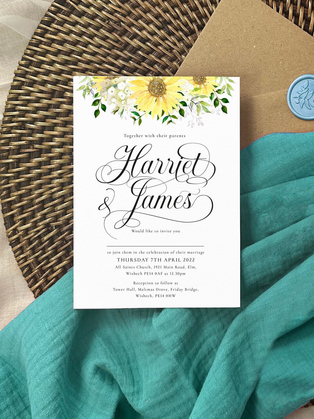 Sunflower Wedding Invitation Single Card Invitation Simple - Etsy
