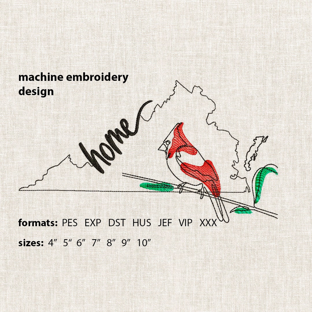 Virginia Home State Embroidery Design With Cardinal - USA State ...