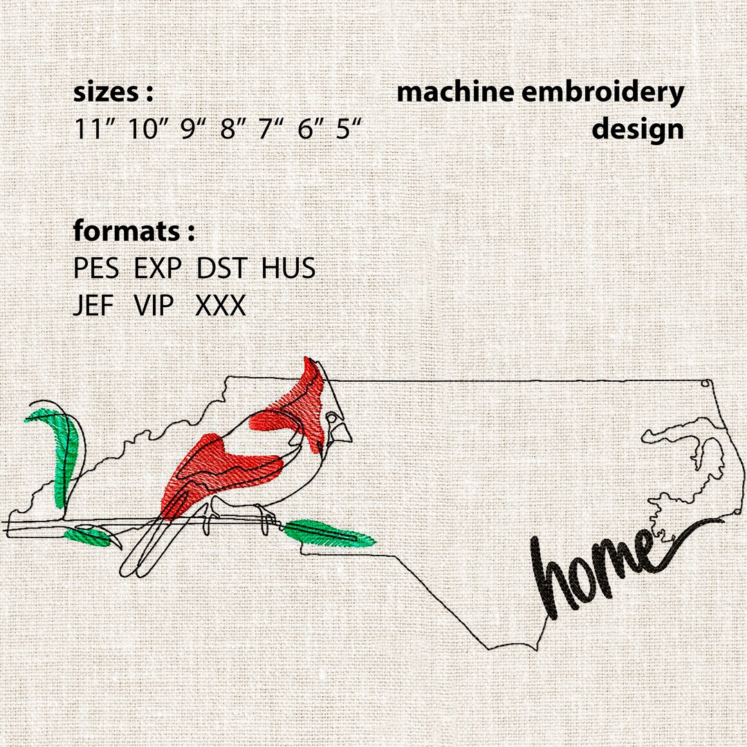 North Carolina Home State Embroidery Design With Cardinal Bird- USA ...