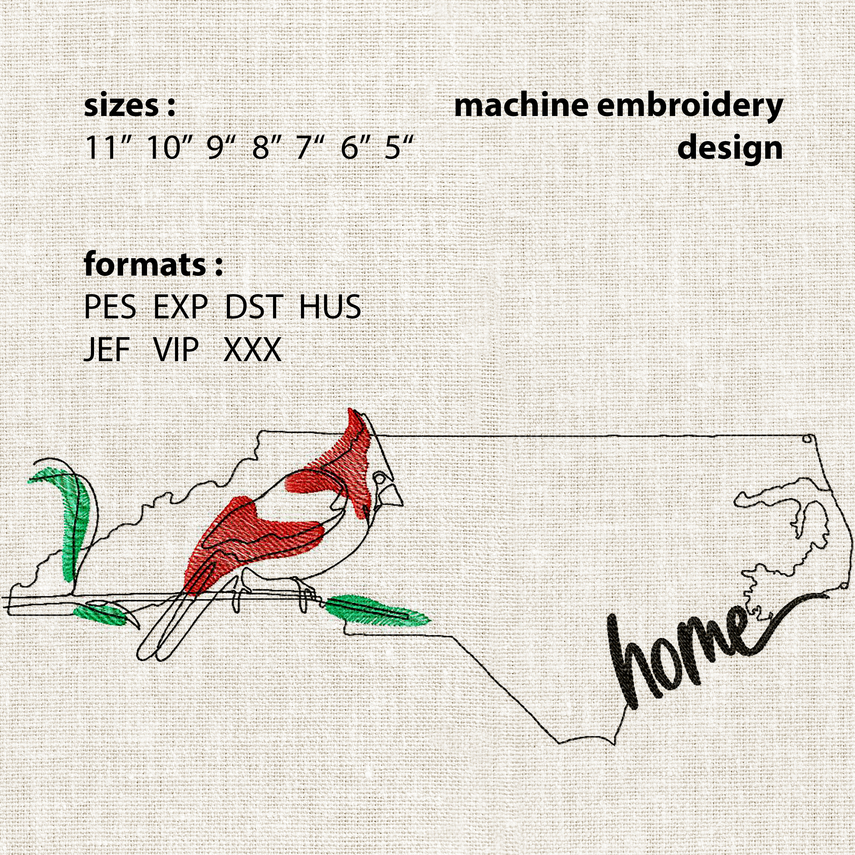 North Carolina Home State Embroidery Design With Cardinal Bird- USA ...