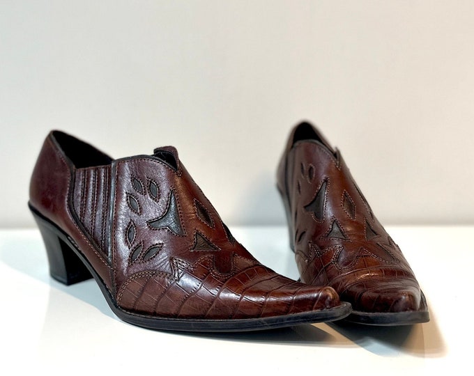 Vintage Women's Cowboy Ankle Shoes Block Heel Leather Brown Heeled ...