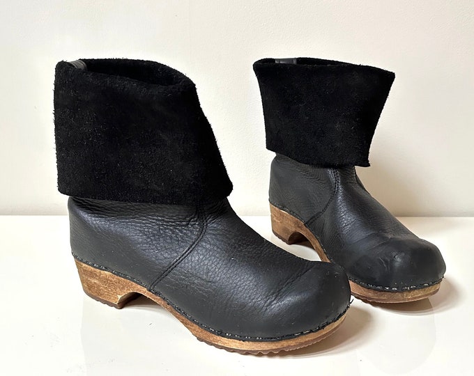 Clog Boots Black Leather Wooden Heel Wood Shoes Swedish Clog Booties ...